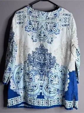 JM Collection | Tops | Jm Collection White Blue Paisley Toggle ...